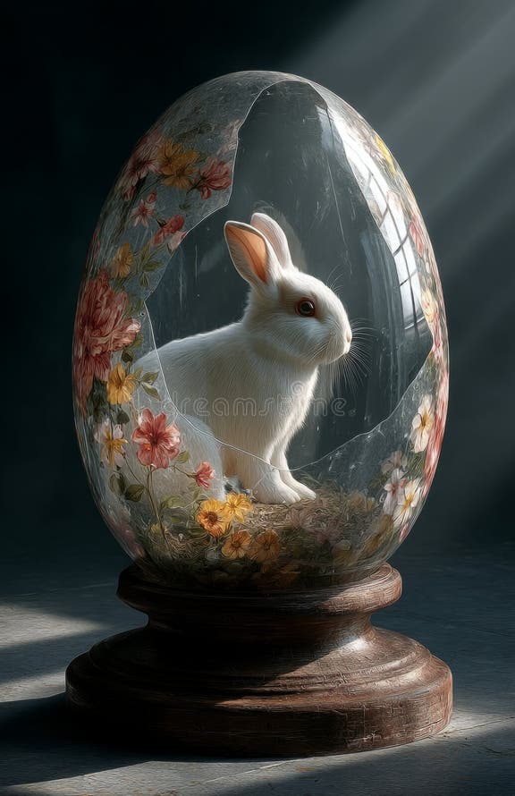 White Rabbit in Cracked Egg Easter Composition Inside Glass Sphere ...