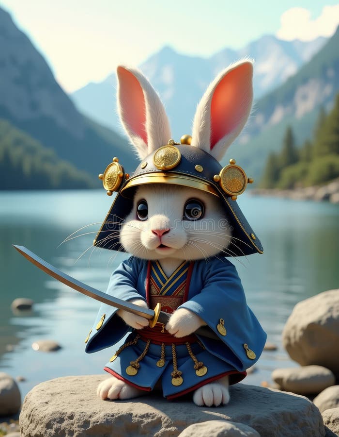 A White Rabbit Dressed in a Samurai Costume Holding a Sword Stock ...