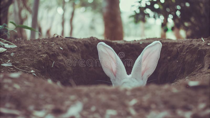 White Rabbit Ears Emerging from a Burrow in the Forest with Soft ...