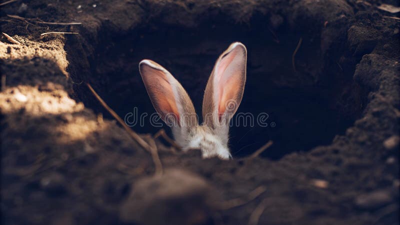 White Rabbit Ears Emerging from a Dark Burrow with Dramatic Lighting ...