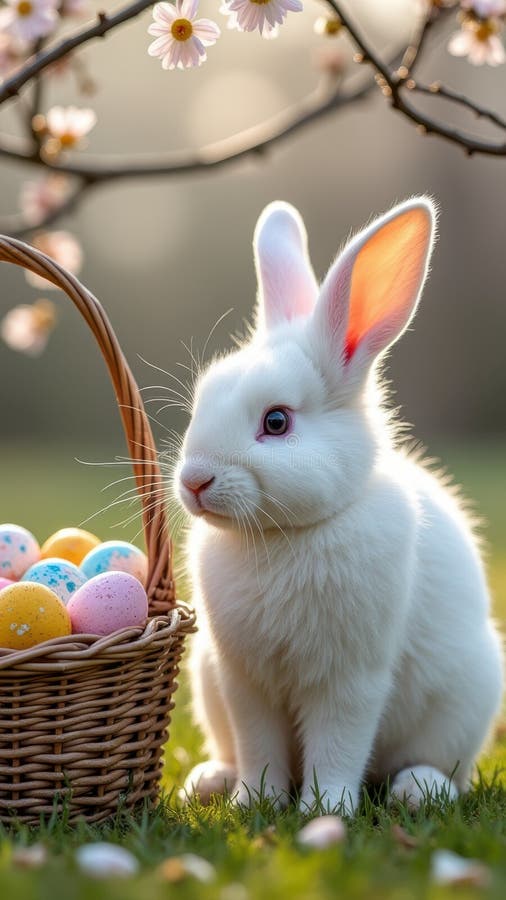 White Rabbit with Easter Basket and Colorful Eggs in Blooming Spring ...