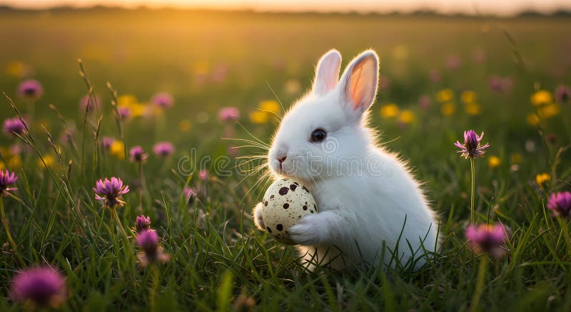 White Rabbit with Easter Egg in a Meadow Stock Illustration ...