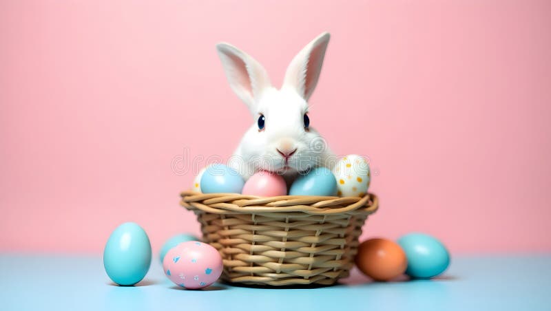 White Rabbit with Easter Eggs in Basket Stock Illustration ...