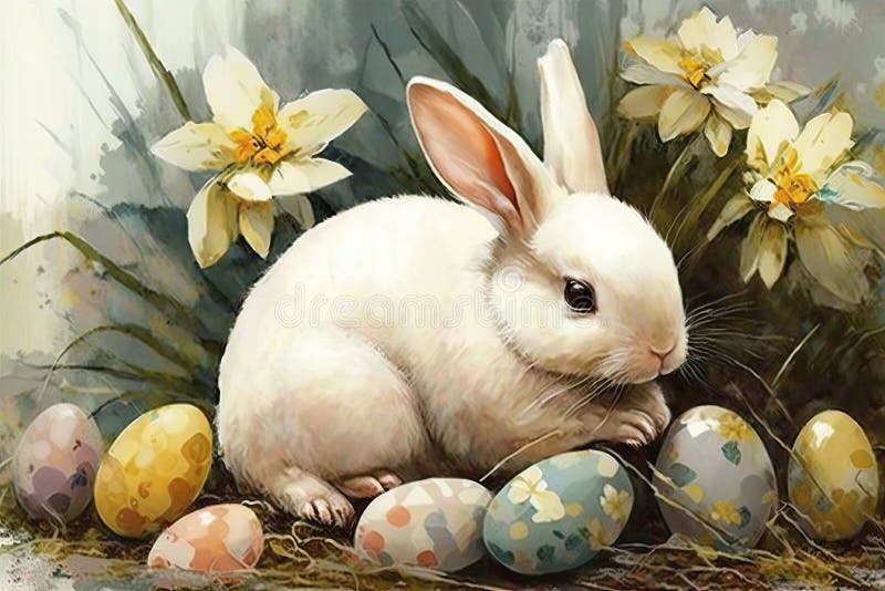 White Rabbit with Easter Eggs in a Field of Daffodils. Generative AI ...