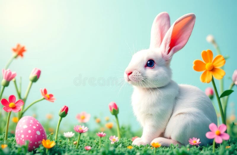 White Rabbit with Easter Eggs and Flowers, Bright and Festive Spring ...
