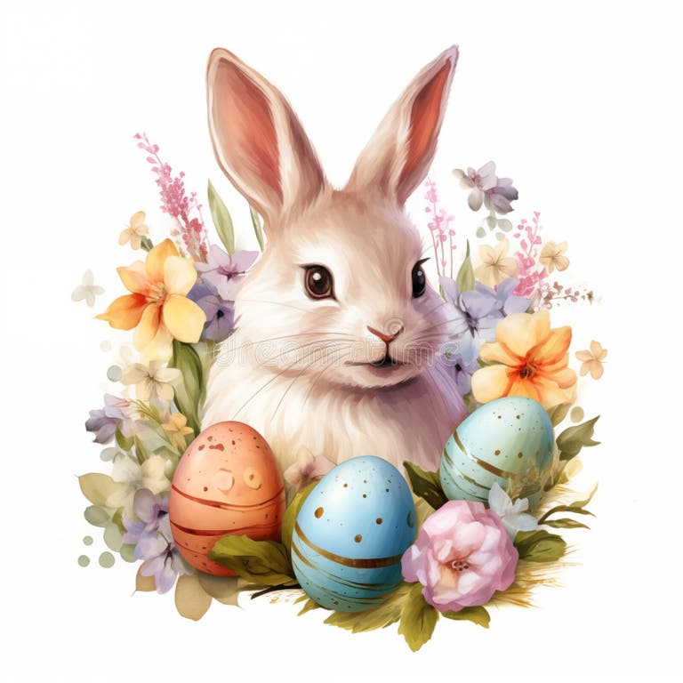 White Rabbit with Easter Eggs and Flowers in a Bright Springtime ...