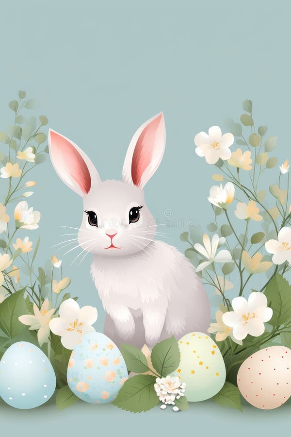 White Rabbit among Easter Eggs and Flowers, Digital Art Style, Light ...