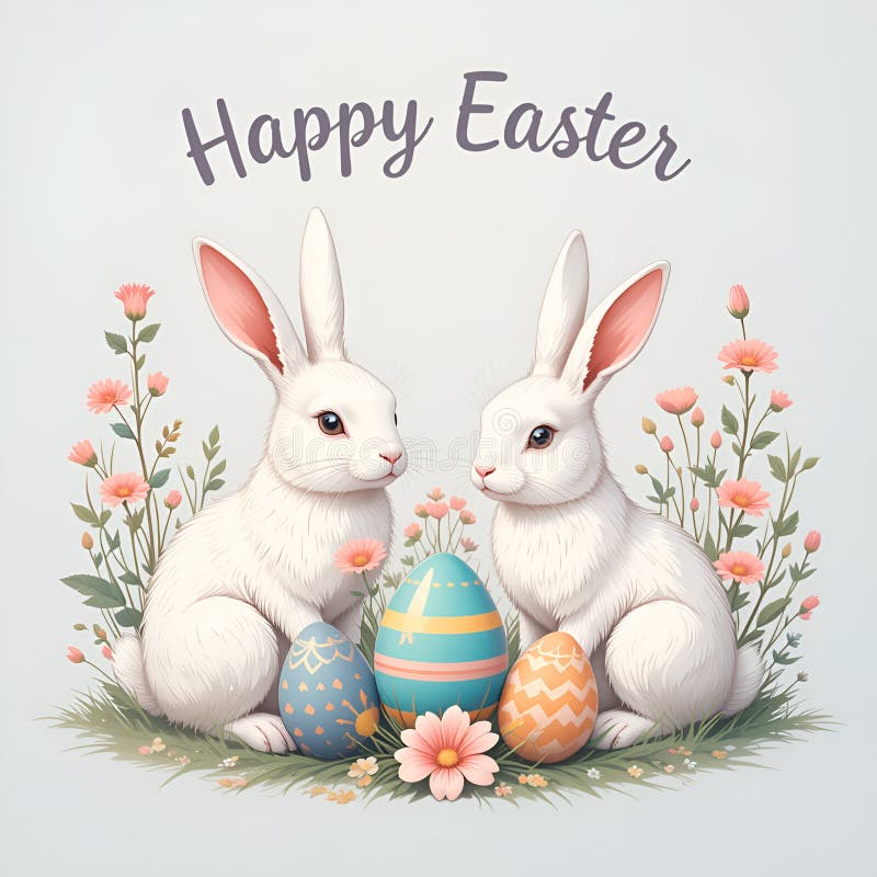 White Rabbit with Easter Eggs, in the Green Grass with Flowers Stock ...