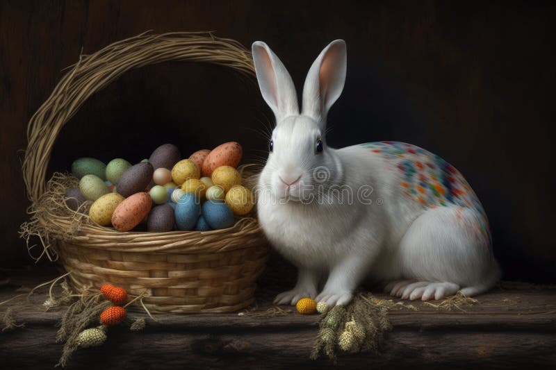 A White Rabbit with Easter Eggs Near a Basket on a Black Background ...