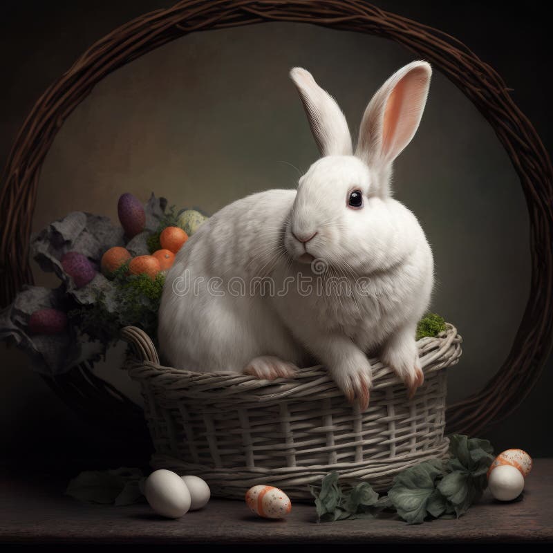 A White Rabbit with Easter Eggs Near a Basket on a Black Background ...