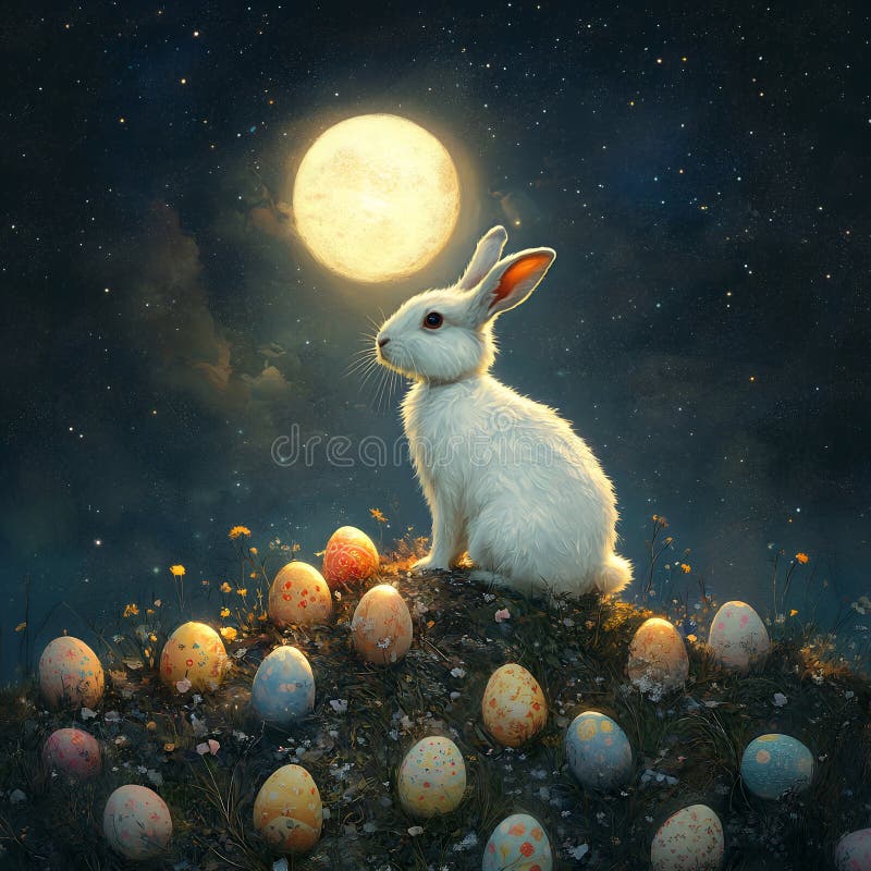 White Rabbit Easter Eggs Night Sky Magical Moonlit Scene Art Cute Hope ...