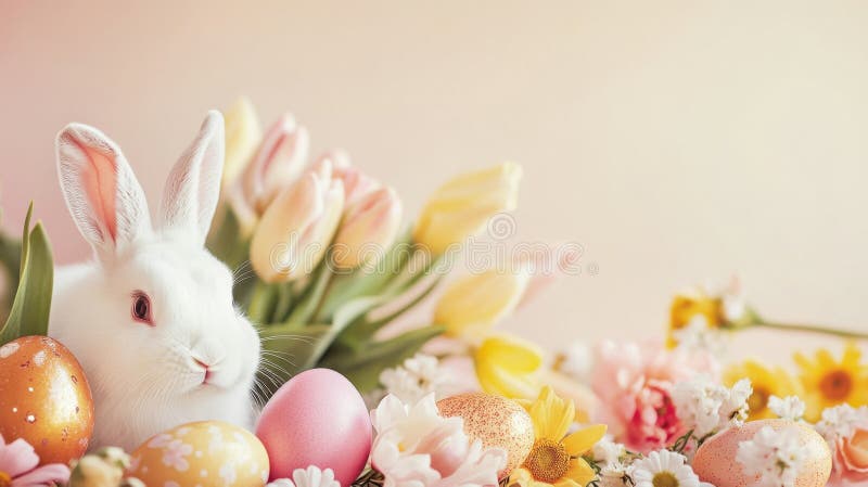 White Rabbit with Easter Eggs and Spring Tulips in a Floral Setting ...