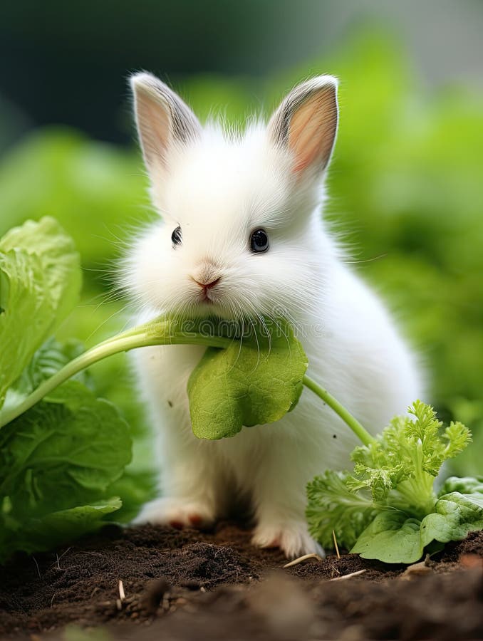 A White Rabbit Eating a Leaf Stock Image - Image of green, outdoor ...