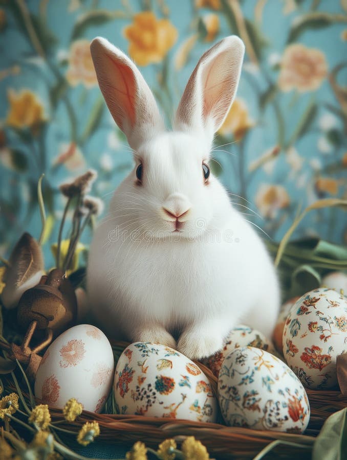White Rabbit with Eggs stock image. Image of basket - 377630333