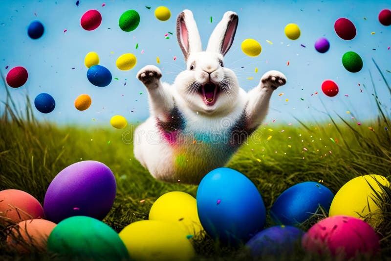 White Rabbit in Field Surrounded by Colored Eggs. Generative AI Stock ...