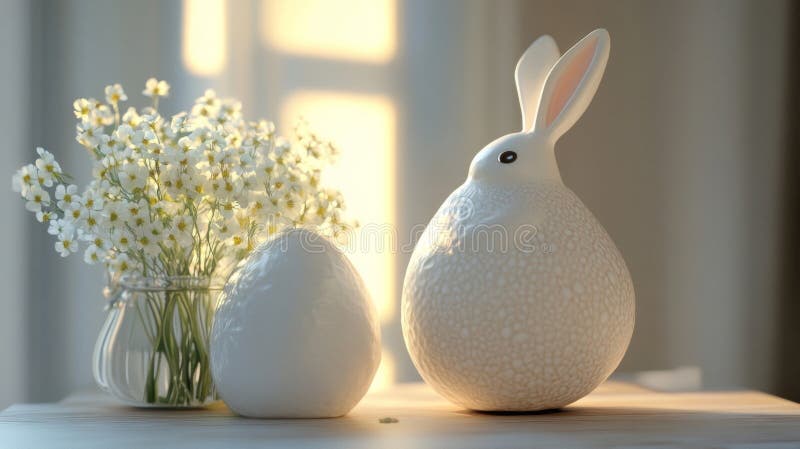 White Rabbit Figurine with Spring Flowers and Egg, Peaceful Springtime ...