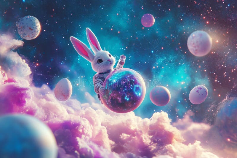 Easter Bunny Astronaut Celebrating Easter in Space with Colorful ...