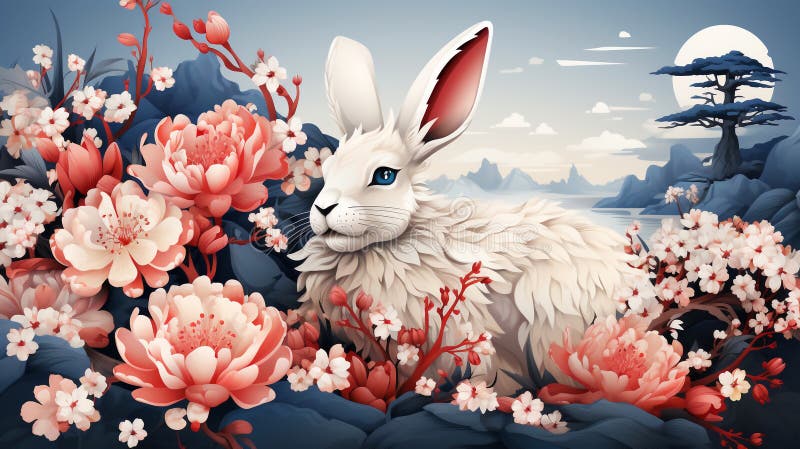 White Rabbit with Flowers on a Background of Nature Illustration Stock ...