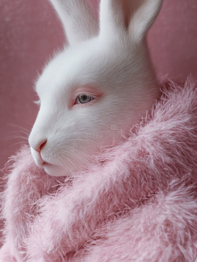 White Rabbit in Fluffy Pink Feather Ensemble Stock Photo - Image of ...