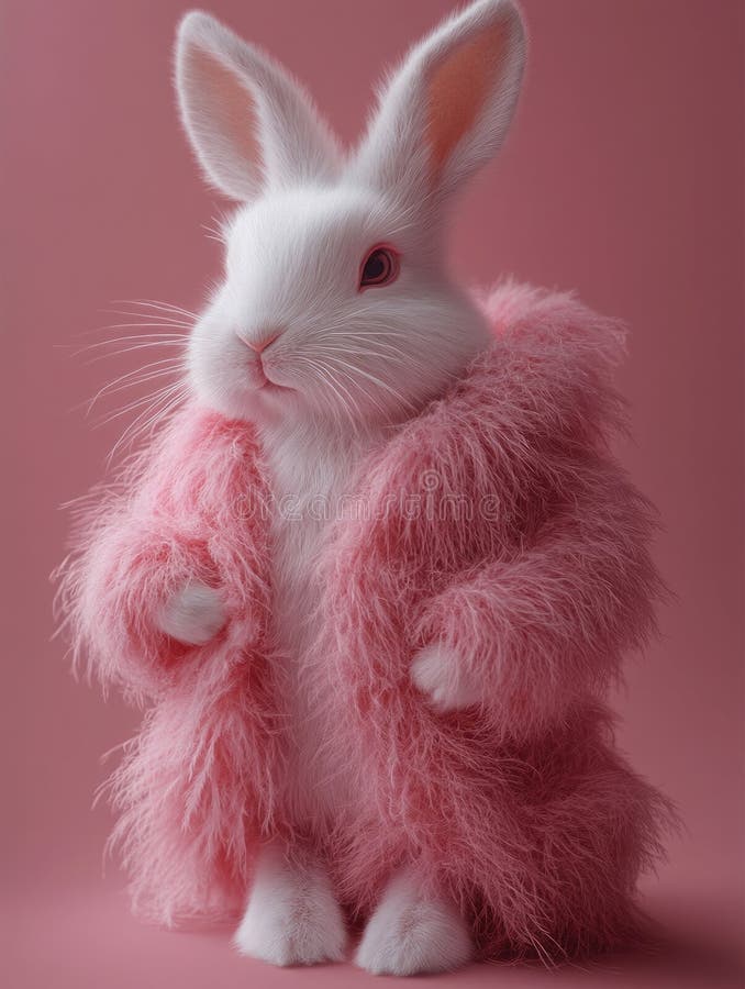 White Rabbit in Fluffy Pink Feather Ensemble Stock Photo - Image of ...