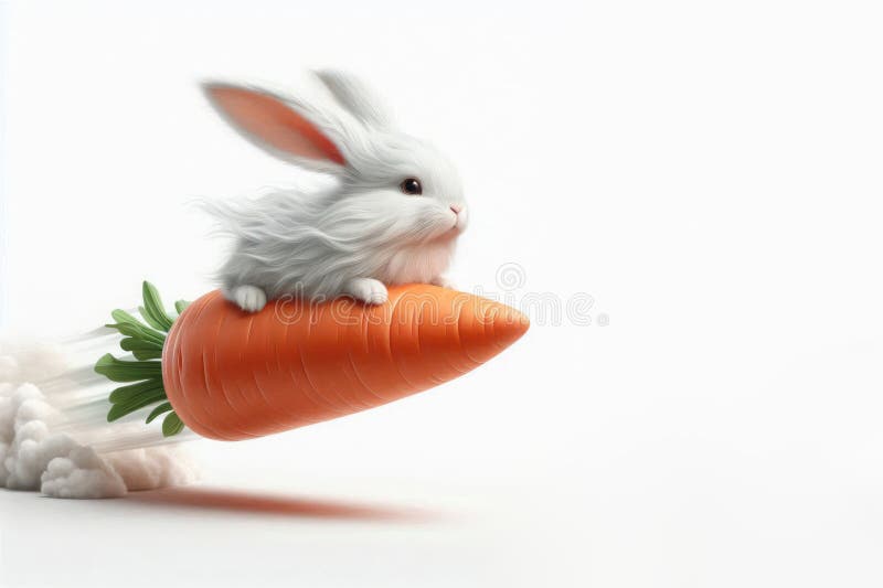 White Rabbit on a Flying Carrot. Space for Text. Stock Photo - Image of ...