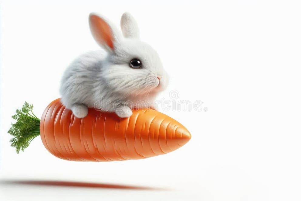 A White Rabbit Flying on a Large Carrot. Space for Text. Stock Image - Image of sweet, white ...