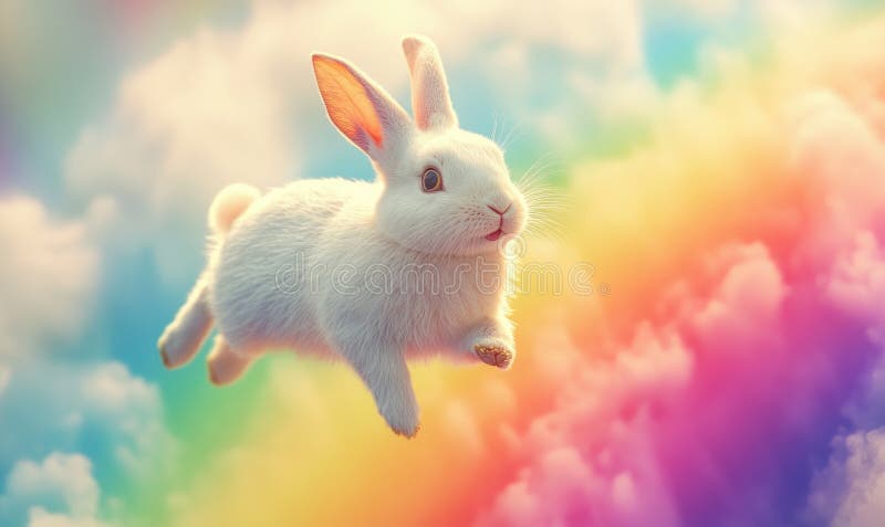 White Rabbit Flying Rainbow Cloud Stock Photos - Free & Royalty-Free ...
