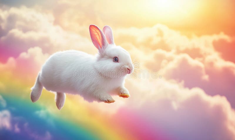 A White Rabbit is Flying through a Rainbow Stock Illustration ...