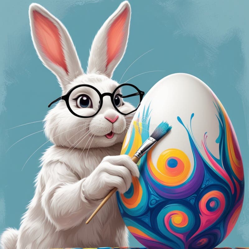 White Rabbit Painting Colorful Easter Egg with Brush. Stock ...