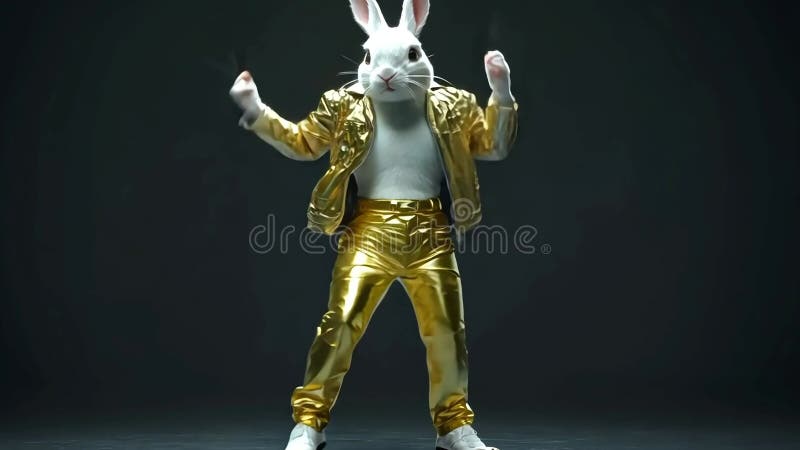 A White Rabbit in a Gold Jacket and Pants Poses in a Dance Move Against ...
