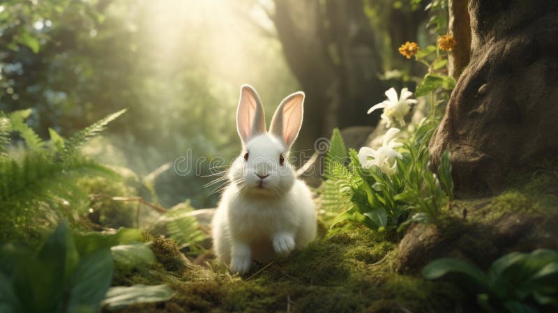 A White Rabbit in a Green Forest with Sunlight Filtering through the ...