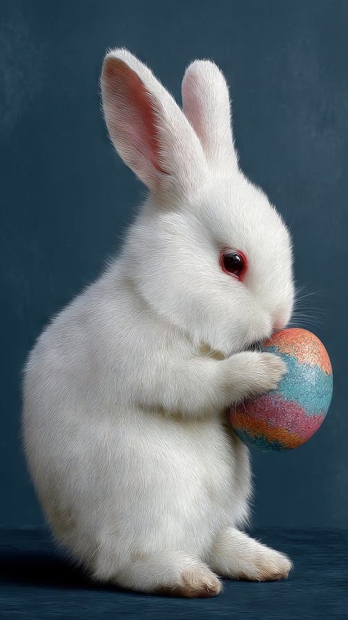 A White Rabbit Holding a Colorful Ball in Its Mouth Stock Image - Image ...