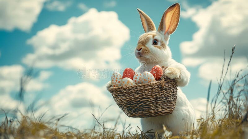 White Rabbit Holding Easter Eggs Basket in Grassy Field Stock ...