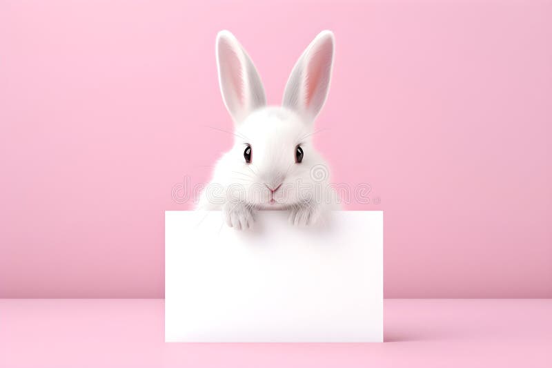 White Rabbit Holding White Empty Card with Copy Space on Pink ...