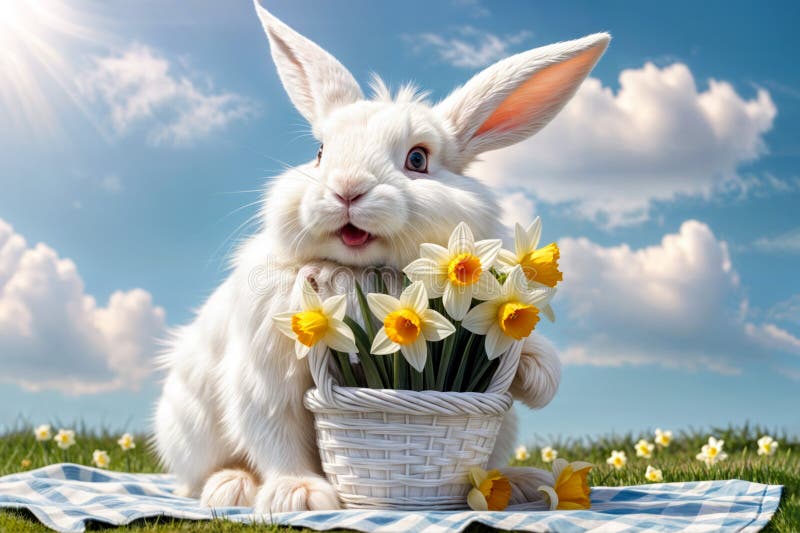 White Rabbit Holds a Basket of Daffodils in a Field. Cute Spring Scene ...