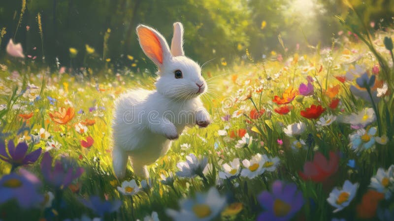 White Rabbit Hopping in a Vibrant Flower Field Stock Illustration ...