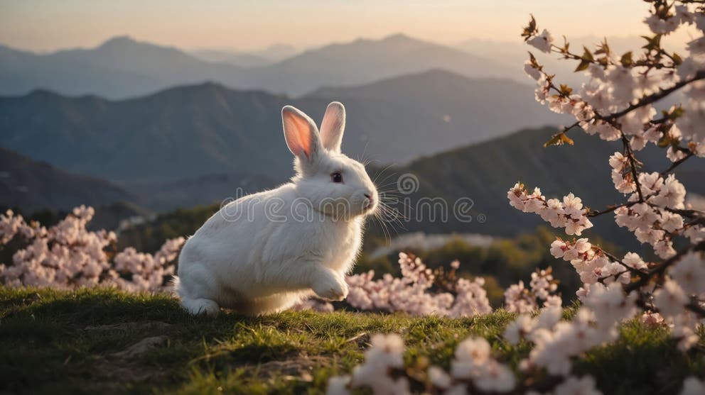 White Rabbit Hopping in a Cherry Blossom Field at Sunset, Mountain ...