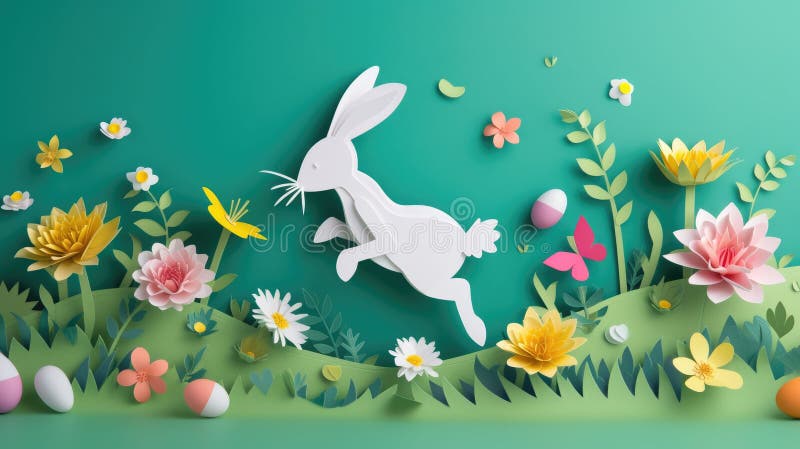 A White Rabbit Hops among Flowers and Eggs in the Field AIG42E Stock ...