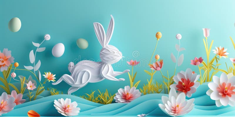 A White Rabbit Hops among Flowers and Eggs in the Field AIG42E Stock ...