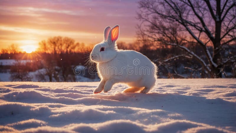 Adorable White Bunny Rabbit Hopping in Snowy Winter Sunset Landscape ...