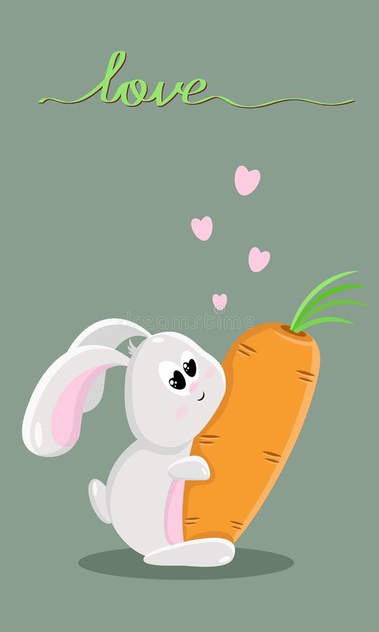 A White Rabbit Hugging a Carrot. Hearts and the Inscription Love Stock ...