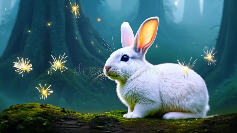 White Rabbit Illuminated by Natural Light in a Magical Forest ...