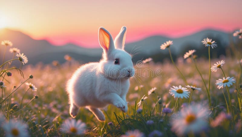 Adorable White Bunny Hopping in a Daisy Field at Sunset Stock ...