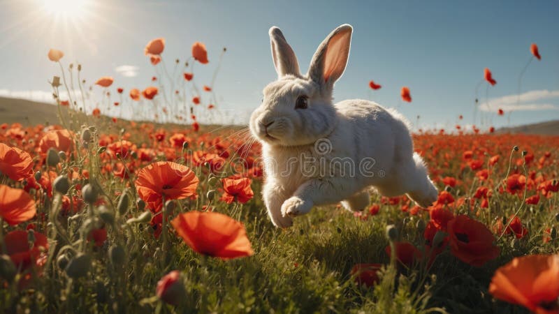 Adorable White Rabbit Hopping through a Poppy Field Stock Illustration ...