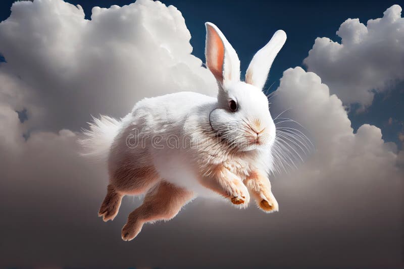 White Rabbit Jumping among the Clouds in the Blue Sky. Easter Concept ...