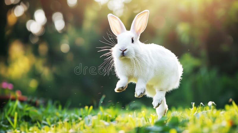 A White Rabbit Jumping on Fresh Green Grass Against the Backdrop of the ...