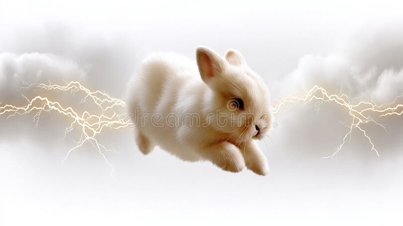 White Rabbit Jumping through Stormy Clouds with Sparks of Lightning and ...