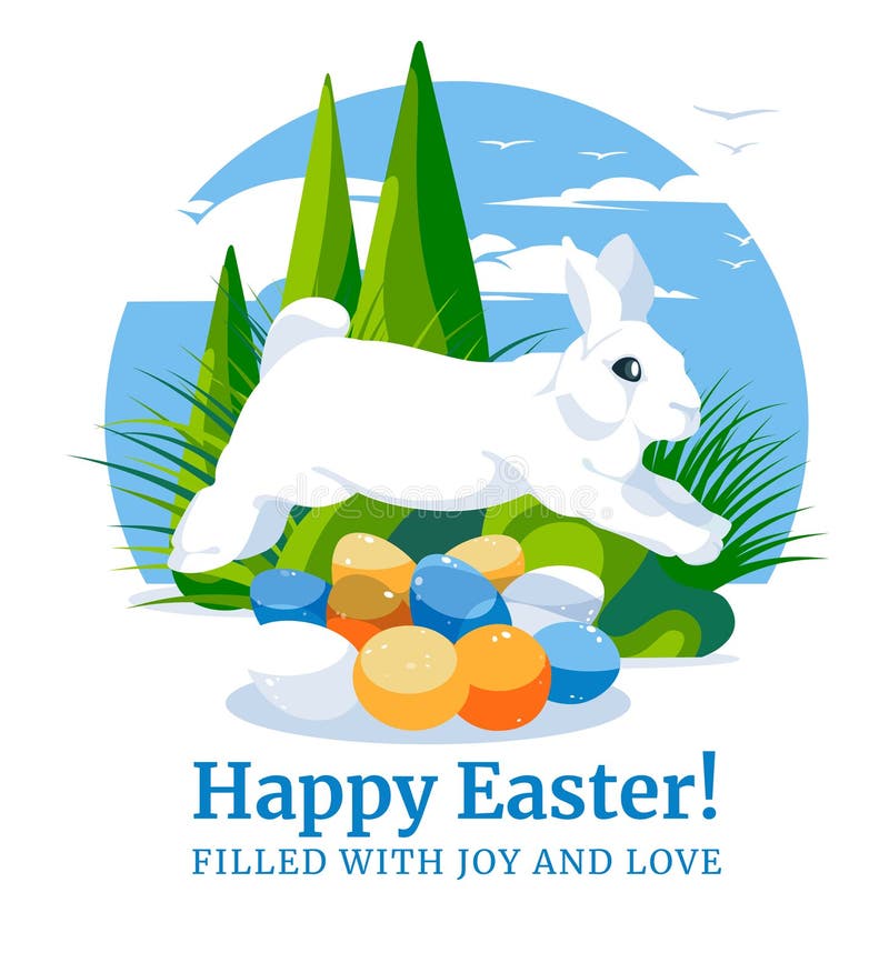 A White Rabbit Jumps Over Easter Eggs in Stock Illustration ...