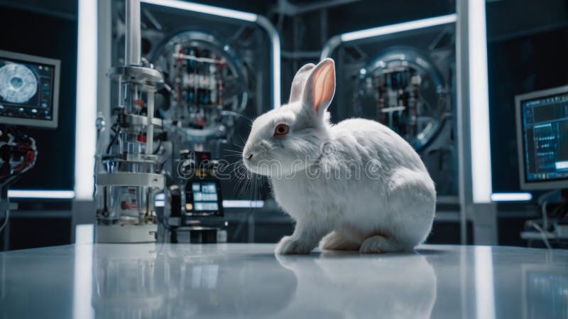 White Rabbit Sitting on Table in Futuristic Laboratory Setting Stock ...