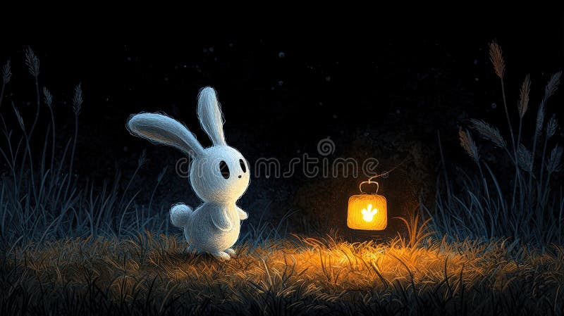 White Rabbit with a Lantern in a Dark Grassy Landscape at Night Stock ...